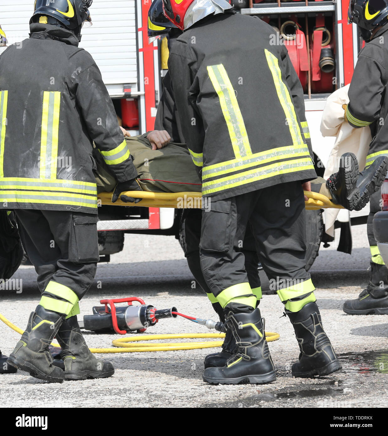 stretcher bearer after the accident carrying the injured person Stock ...