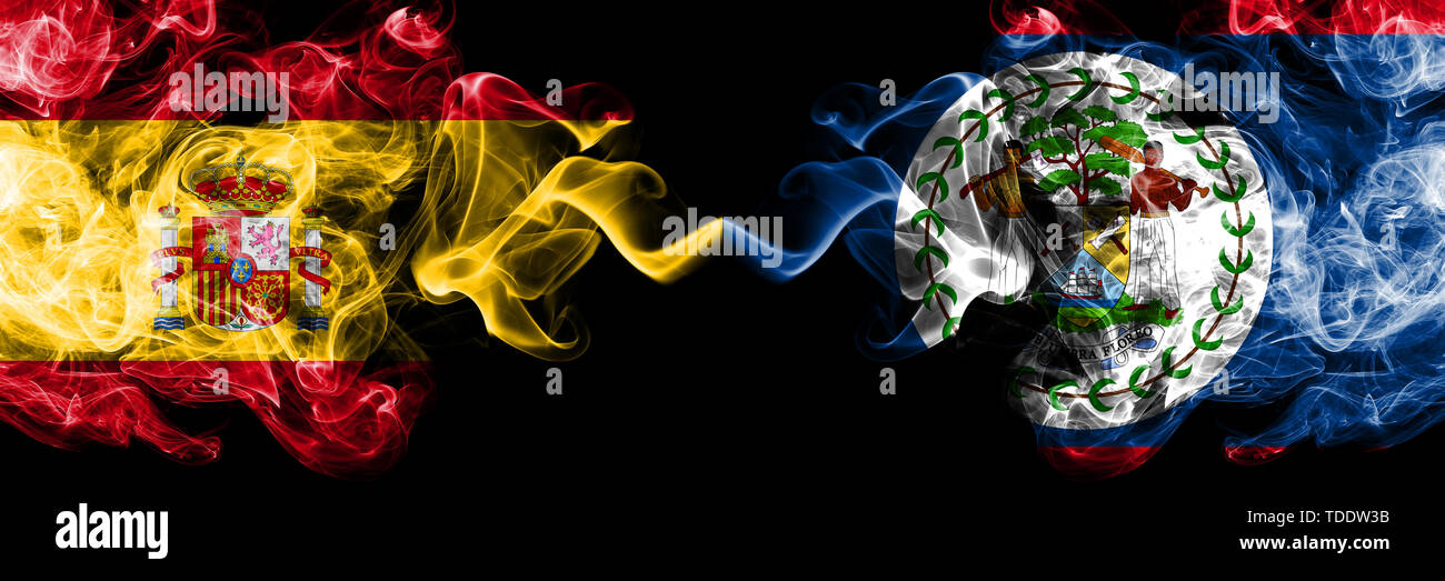 Spain vs Belize, Belizean smoky mystic flags placed side by side. Thick ...