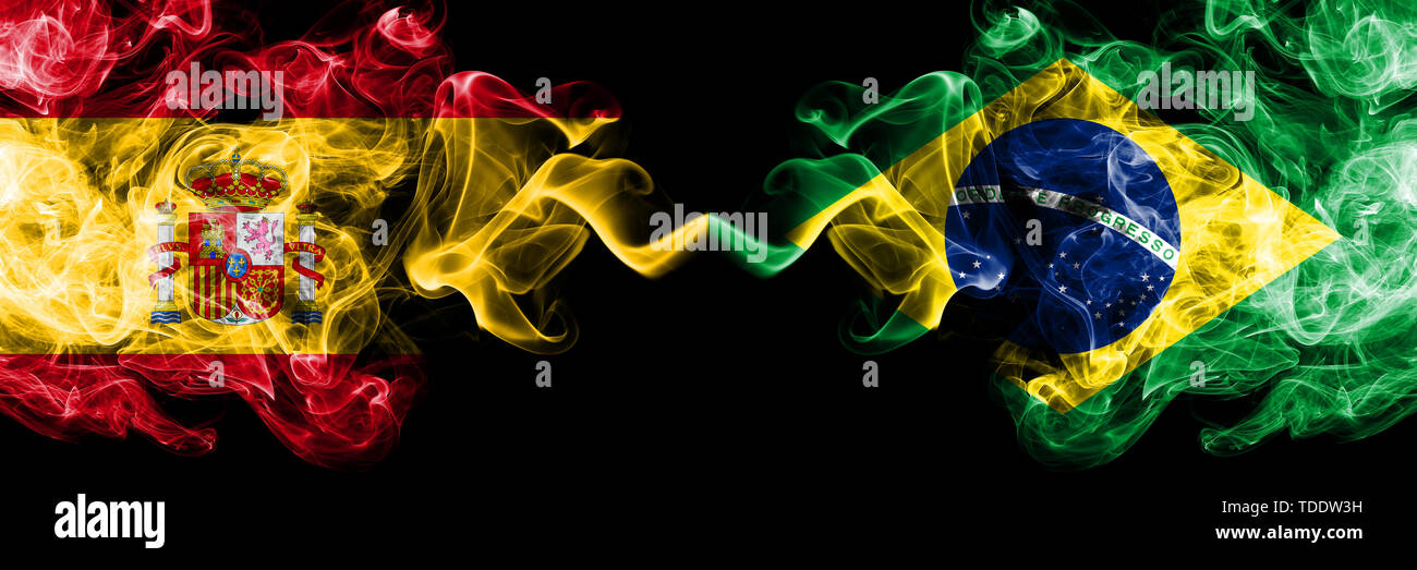 Spain vs Brazil, Brazilian smoky mystic flags placed side by side ...