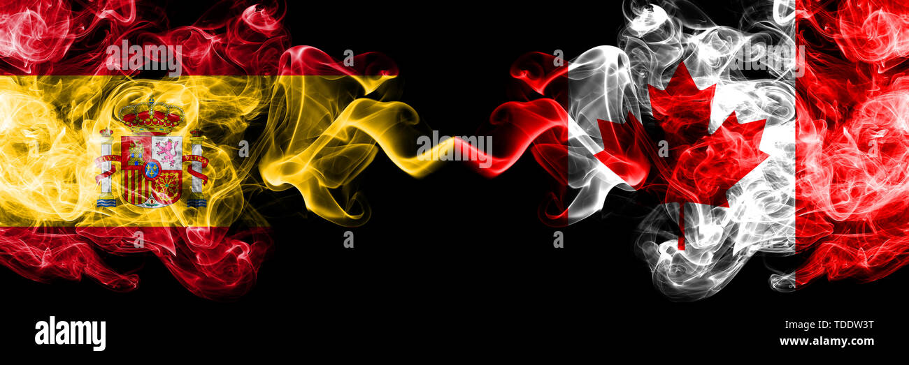 Spain vs Canada, Canadian smoky mystic flags placed side by side. Thick ...