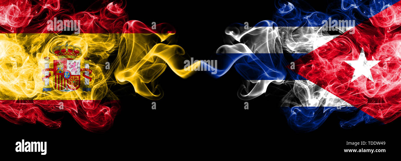 Spain vs Cuba, Cuban smoky mystic flags placed side by side. Thick ...