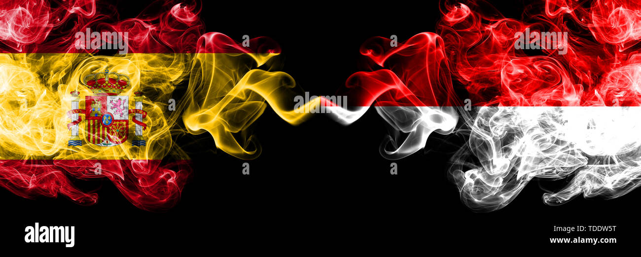 Spain vs Indonesia, Indonesian smoky mystic flags placed side by side ...