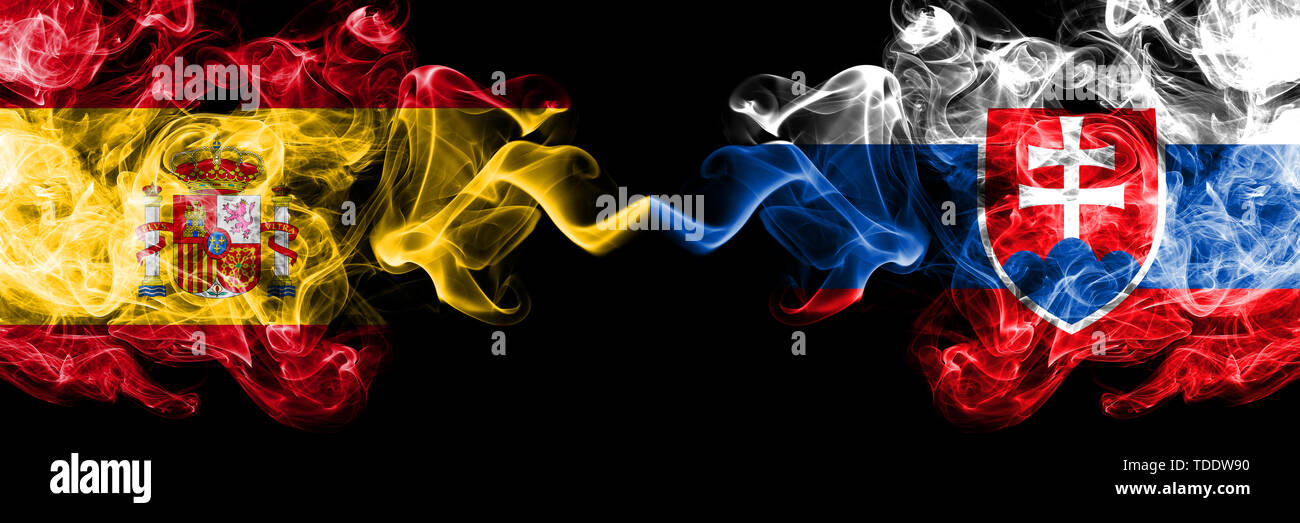 Spain vs Slovakia, Slovakian smoky mystic flags placed side by side ...