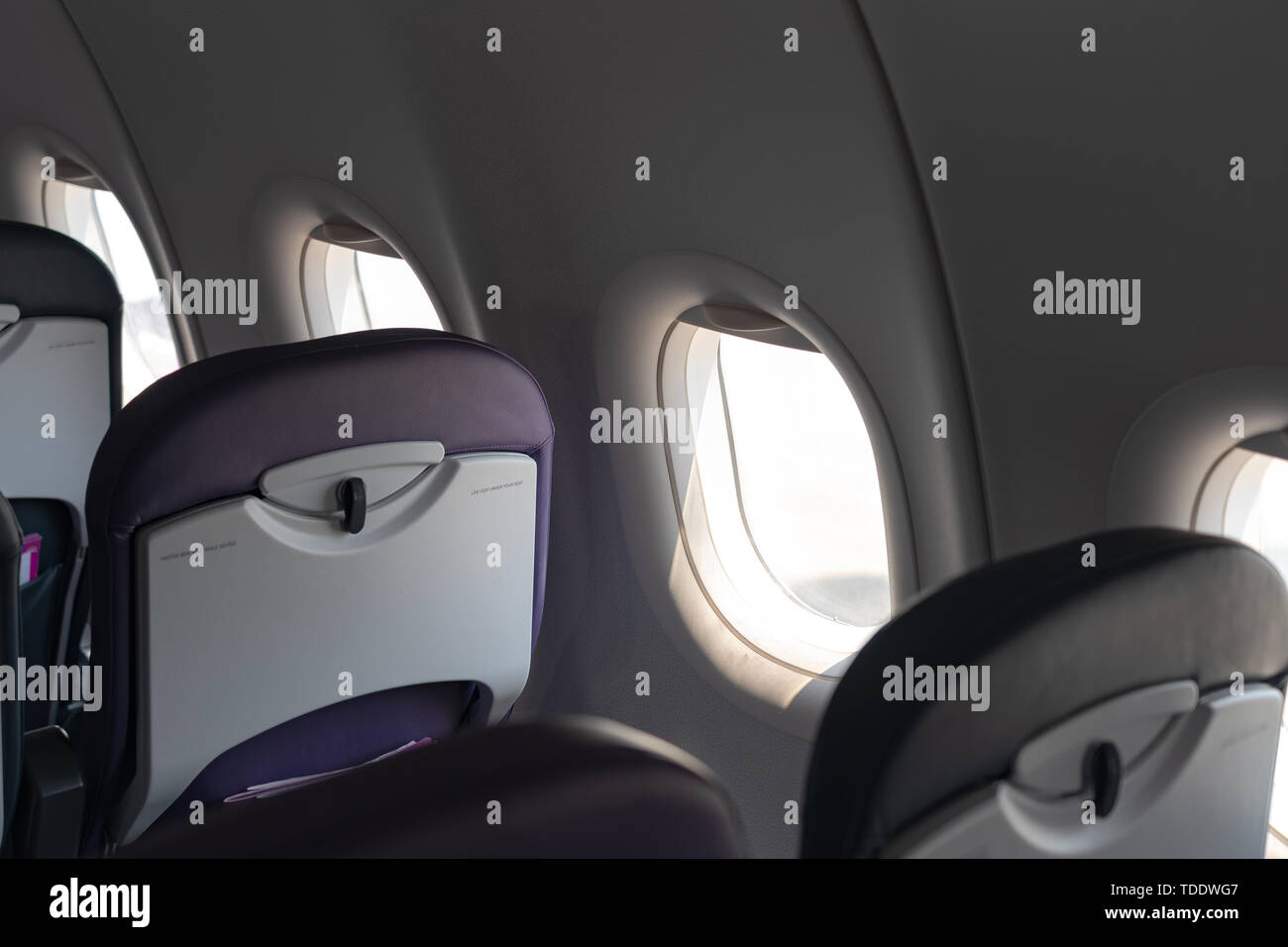 Airplane seats in the cabin economy class and the windows of the ...