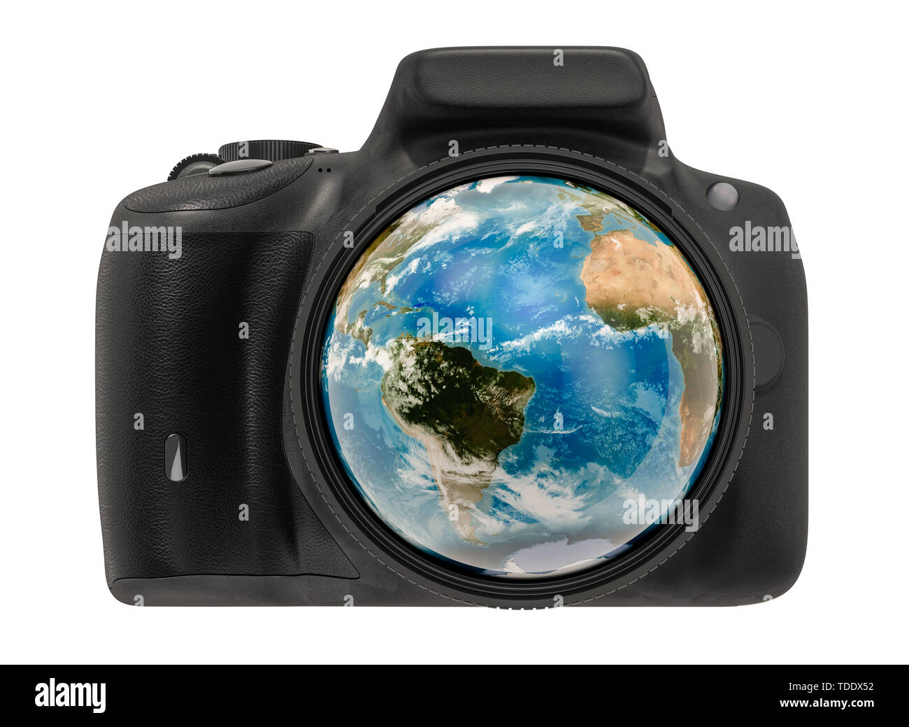 Travel and photography concept. Digital camera photo lens with earth ...