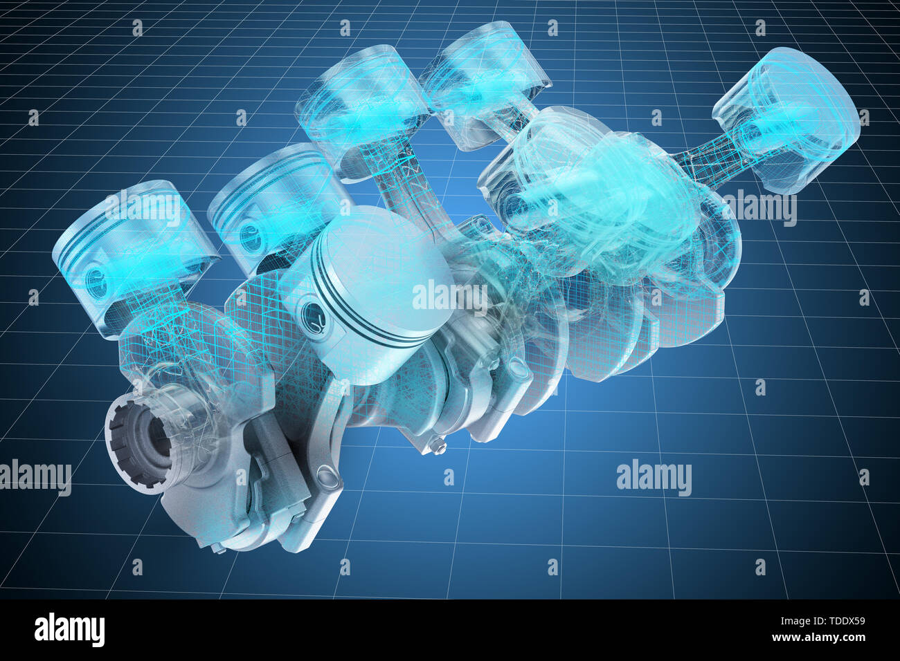 Visualization 3d cad model of V8 engine pistons, blueprint. 3D ...