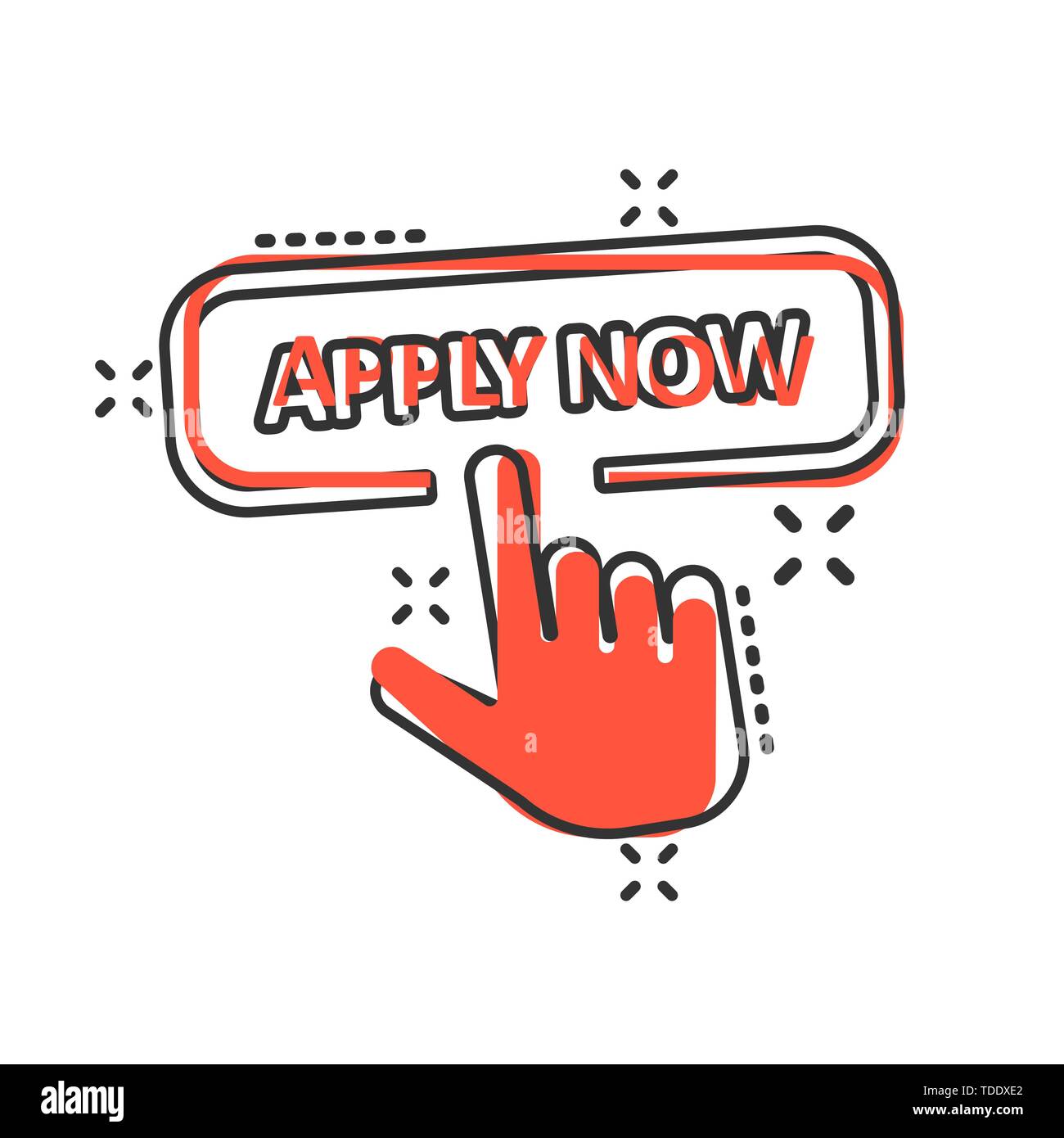 Apply now icon in comic style. Finger cursor vector cartoon ...