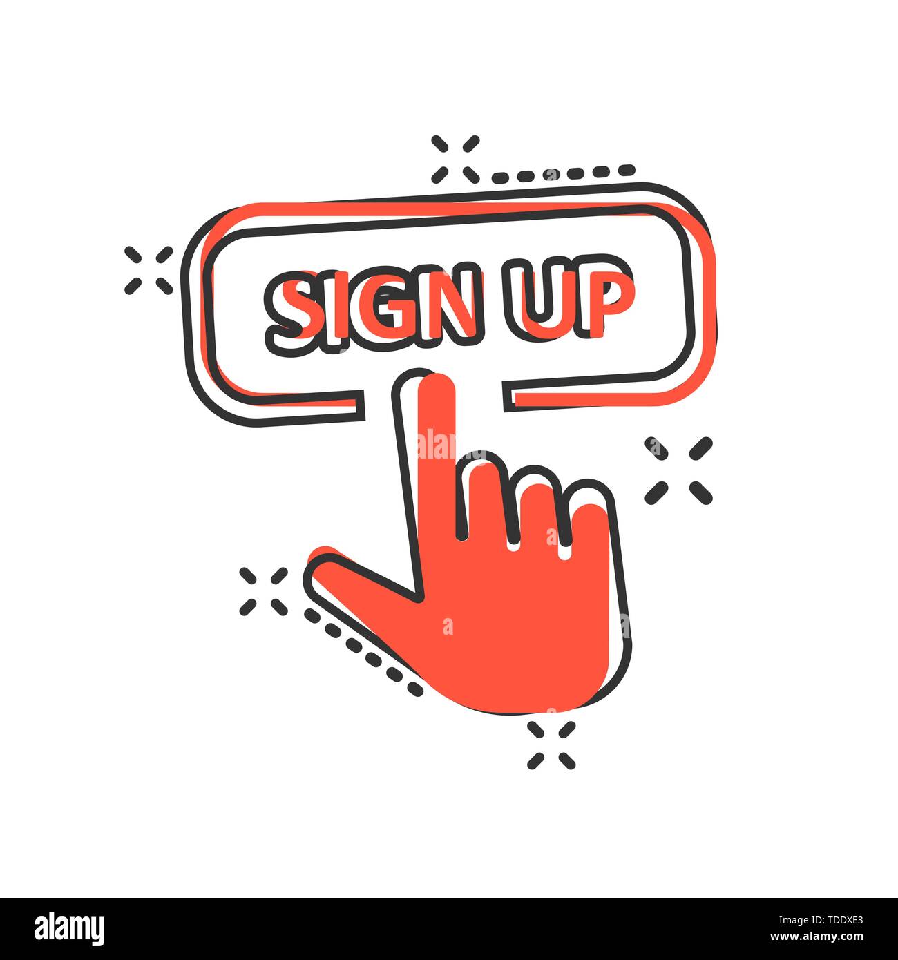 Sign up icon in comic style. Finger cursor vector cartoon illustration ...