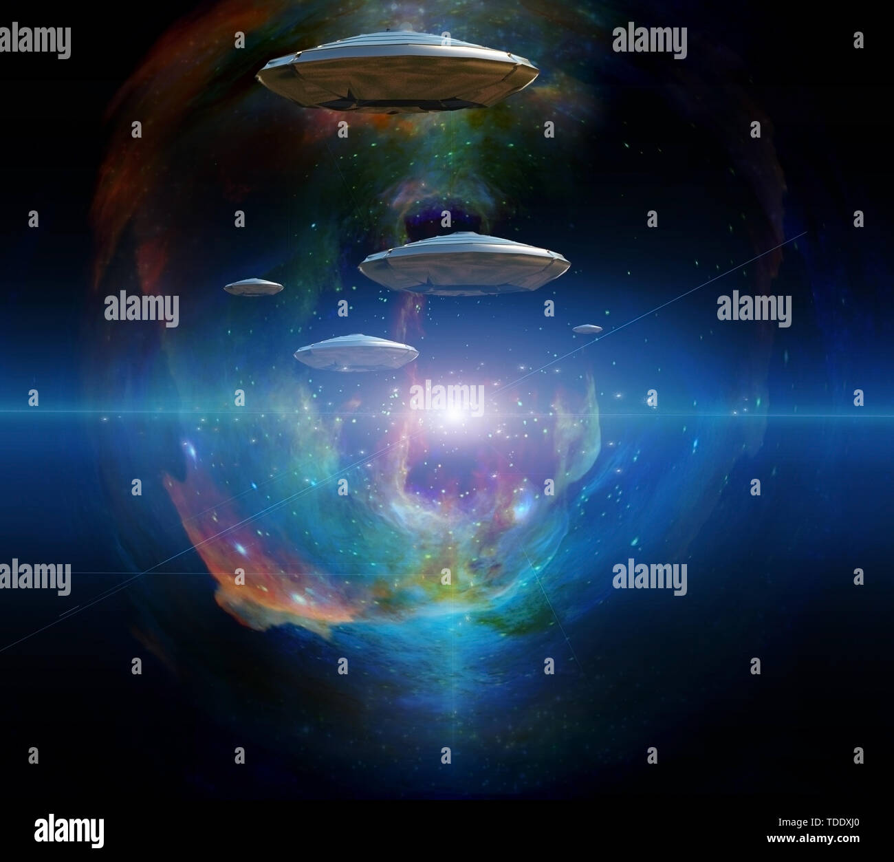 Flying saucers in colorful universe. Space travelers Stock Photo - Alamy