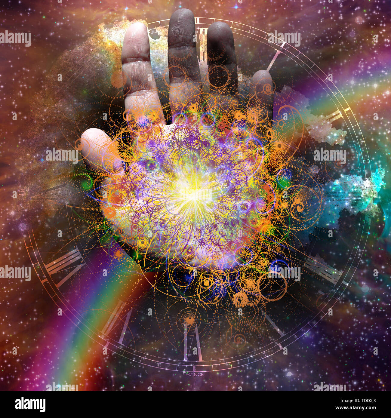 Aged clock and hand design. Vivid Space Stock Photo - Alamy