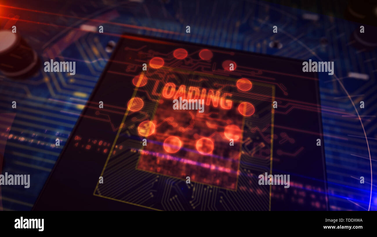 Loading hologram on over working cpu in background. Futuristic concept ...