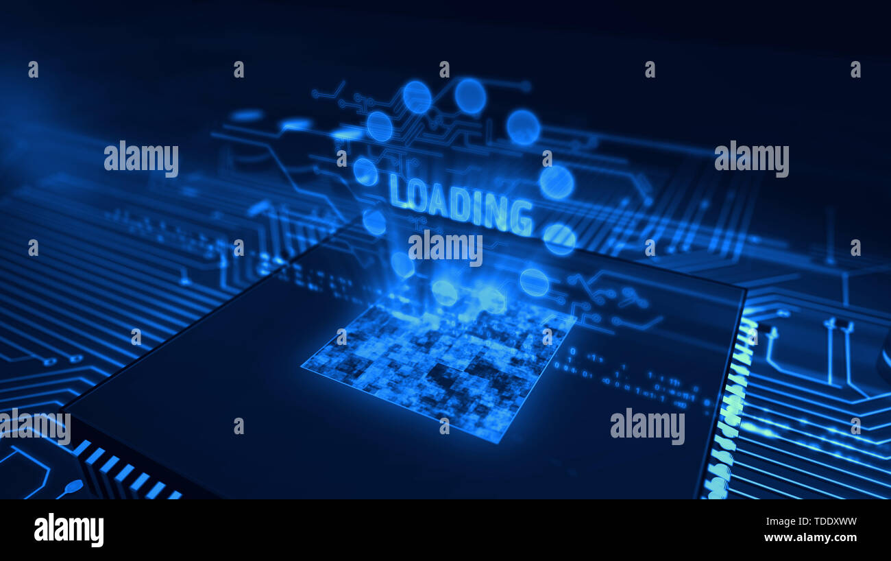 Loading hologram on over working cpu in background. Futuristic concept ...