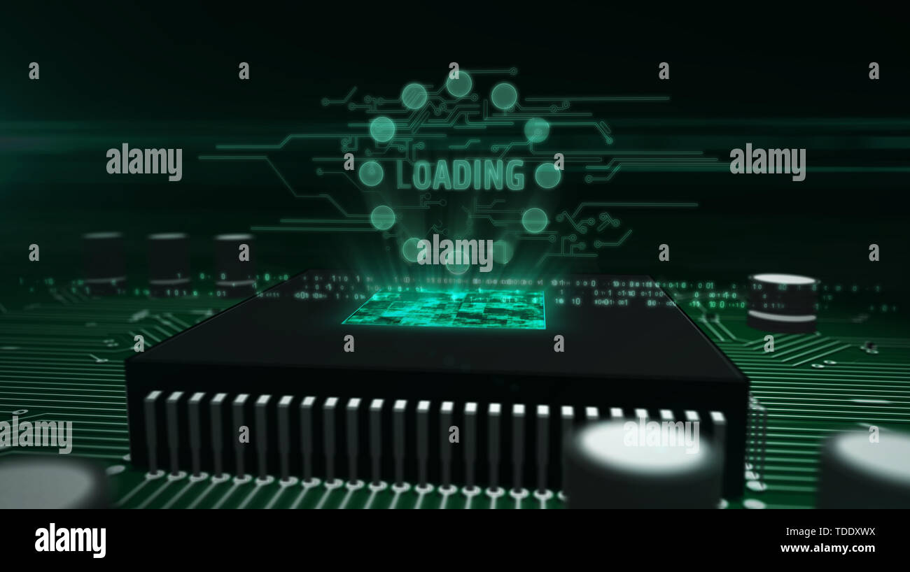 Loading hologram on over working cpu in background. Futuristic concept ...