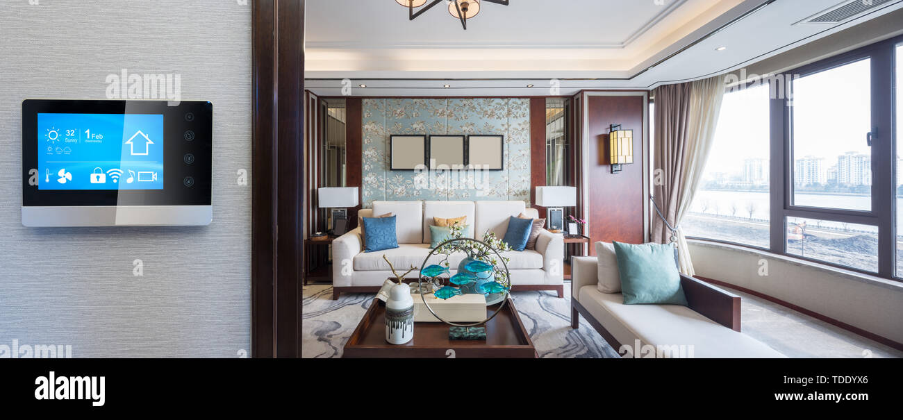 smart screen with smart home with modern living room Stock Photo - Alamy