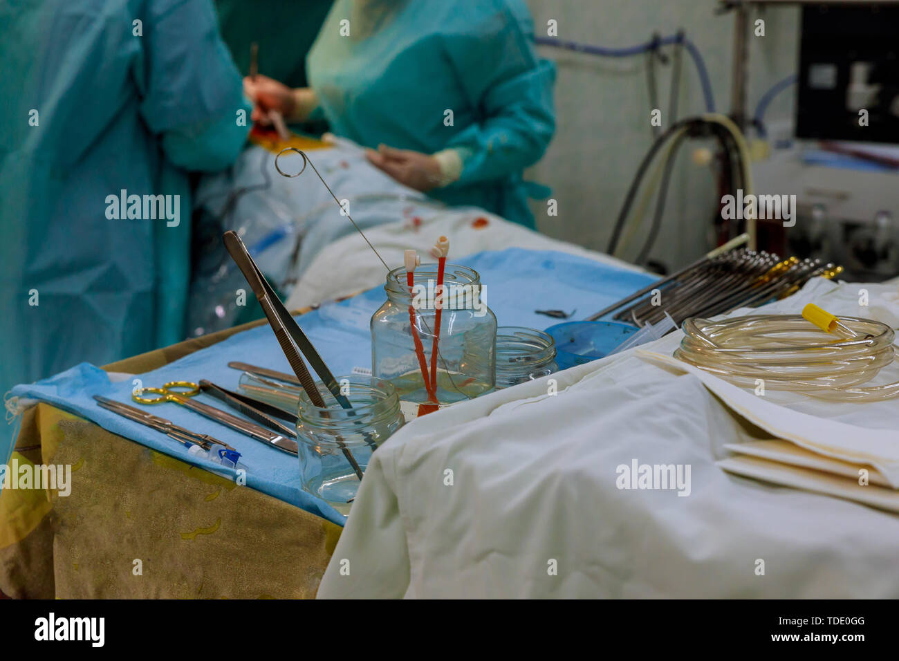 Medical team performing operation close up of medical instruments for ...