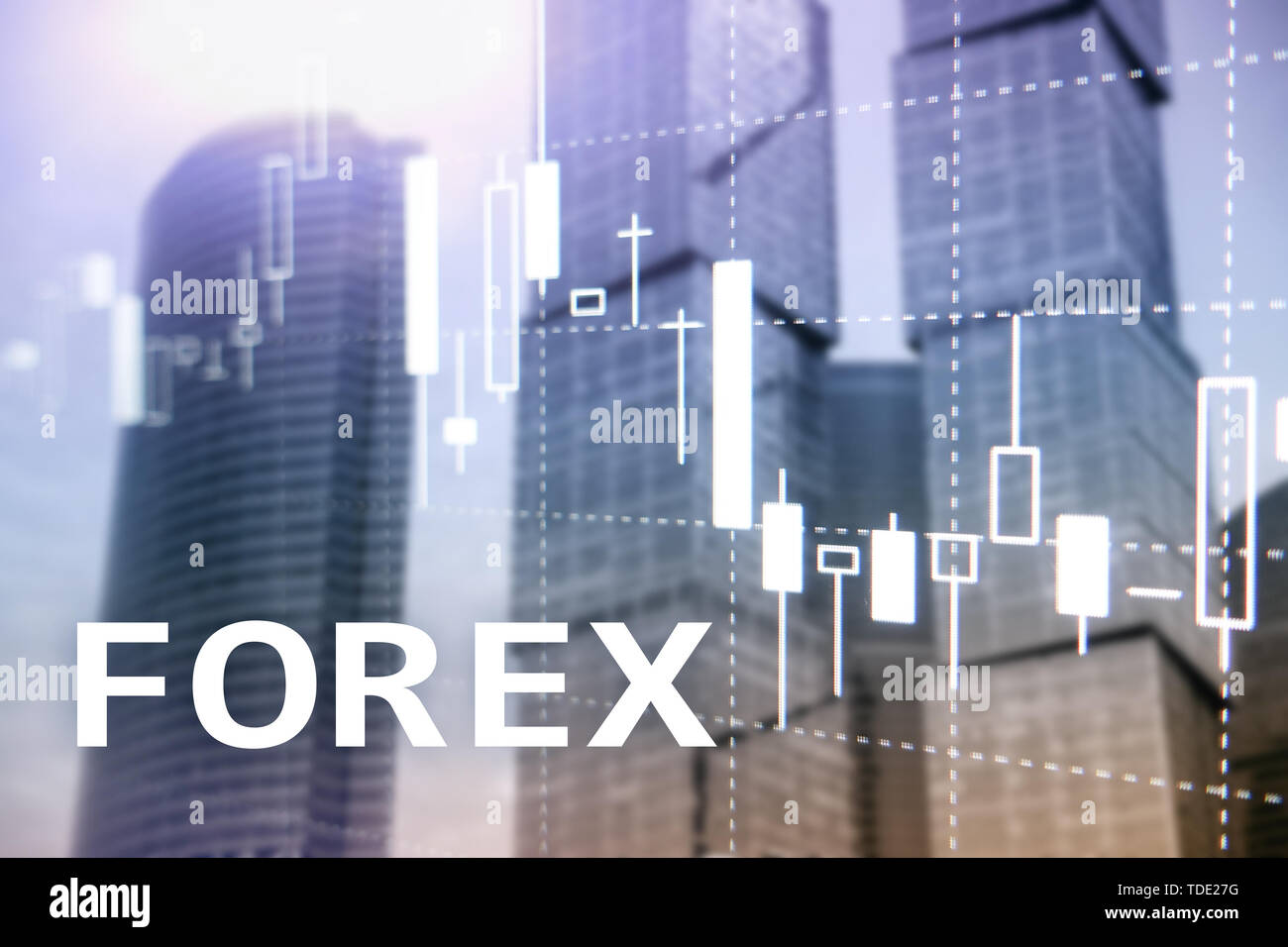 Forex trading, financial candle chart and graphs on blurred business ...