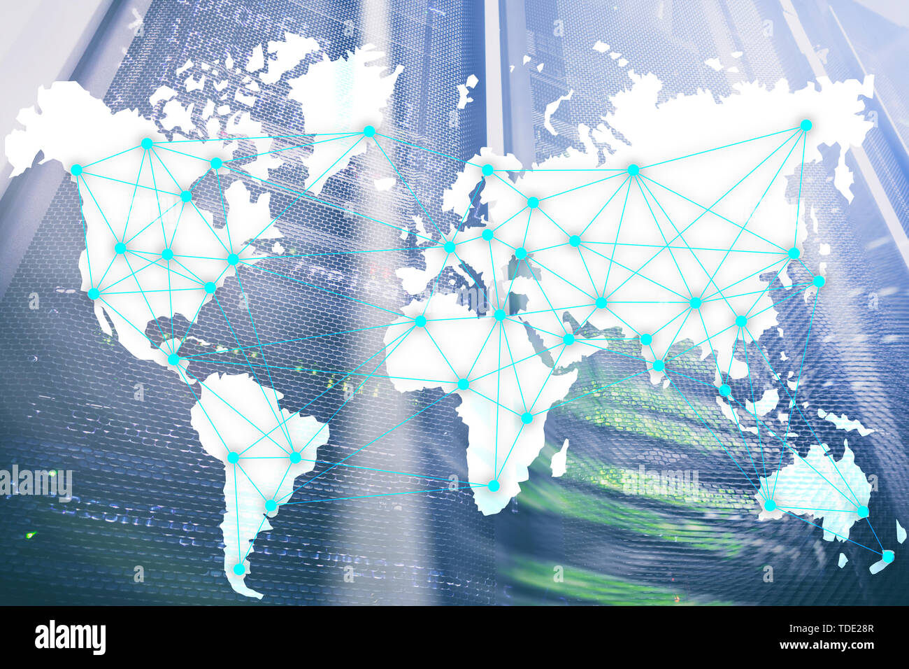 Internet and telecommunication concept with world map on server room ...