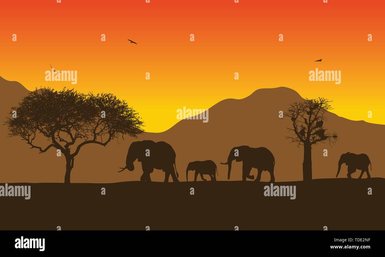 Realistic illustration of African landscape with safari, trees and ...