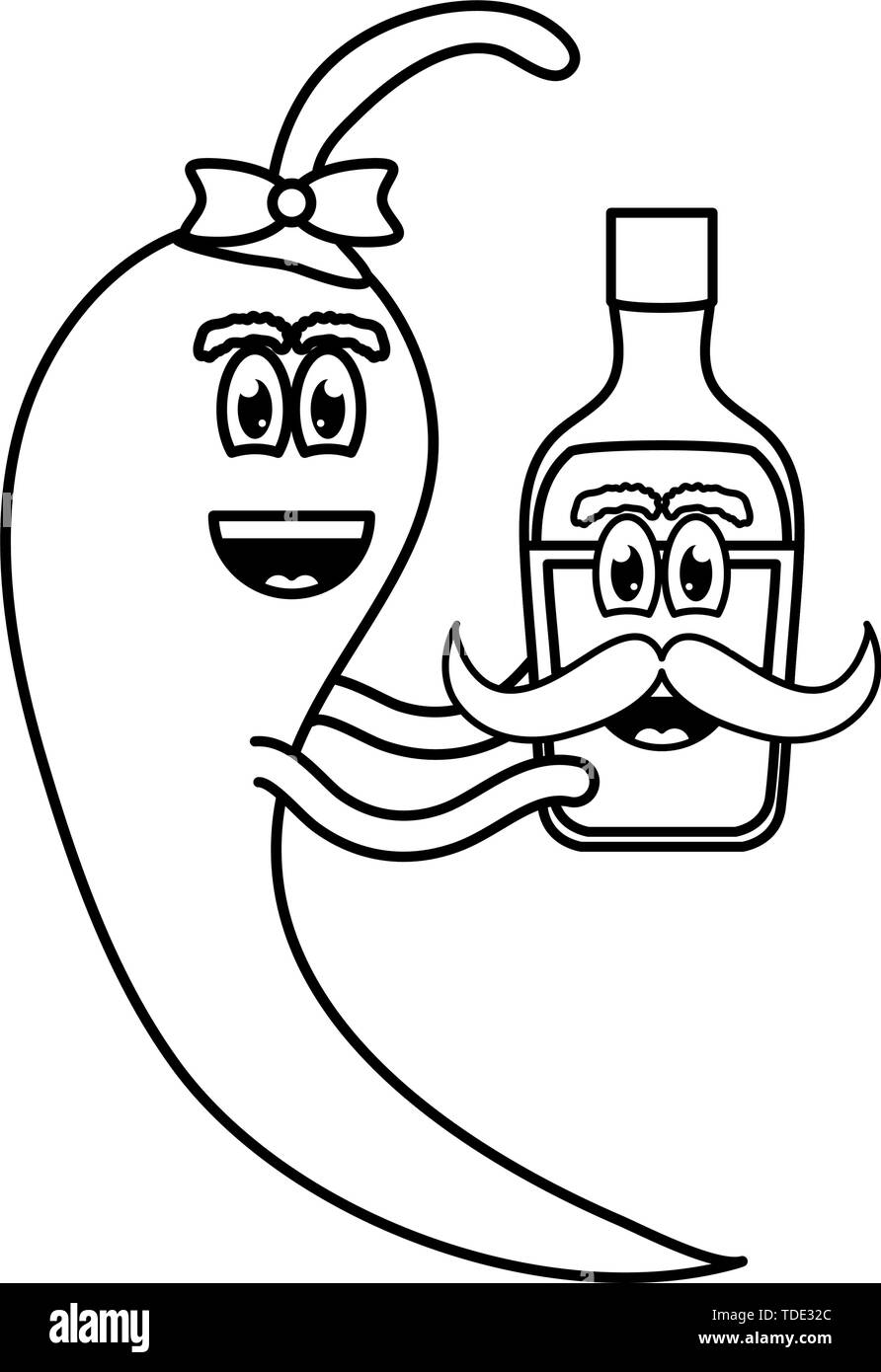 chilli pepper with tequila bottle comic character vector illustration ...