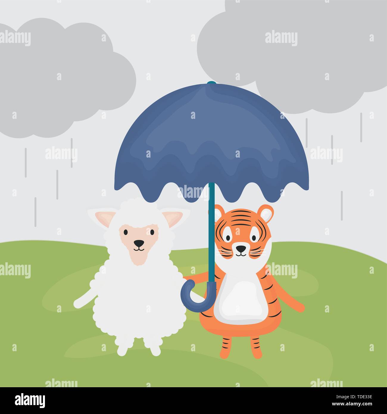 cute sheep and tiger with umbrella vector illustration design Stock ...