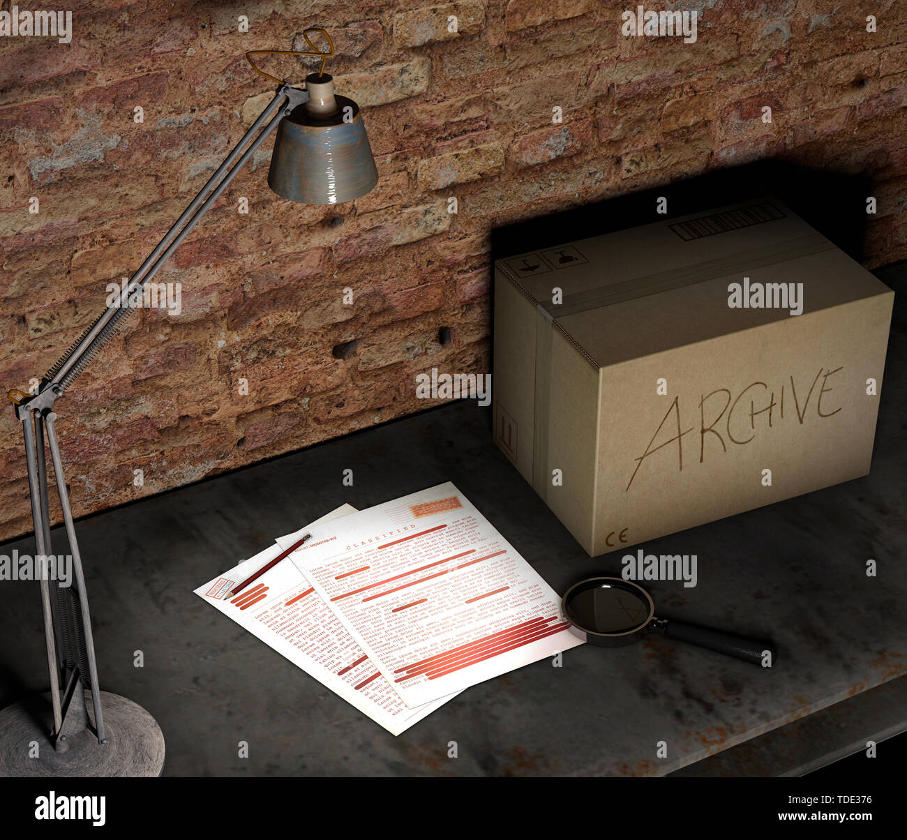 Basement table with box and top secret file. Table lamp, magnifying ...