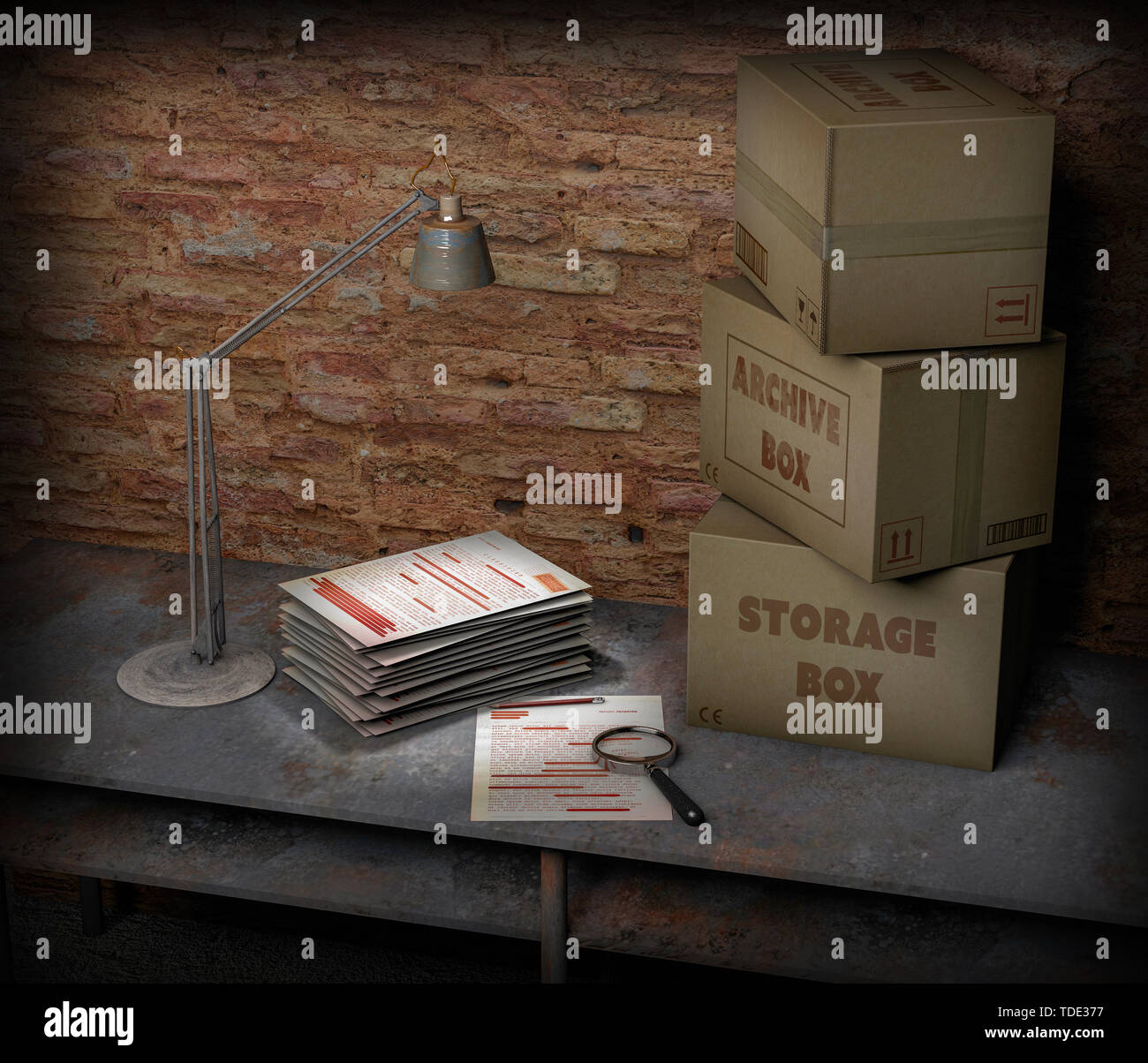 Basement table with box and top secret file. Table lamp, magnifying ...