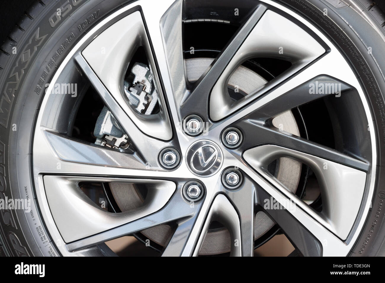 Russia, Izhevsk - April 21, 2018:Showroom Lexus. Alloy wheel of the new ...