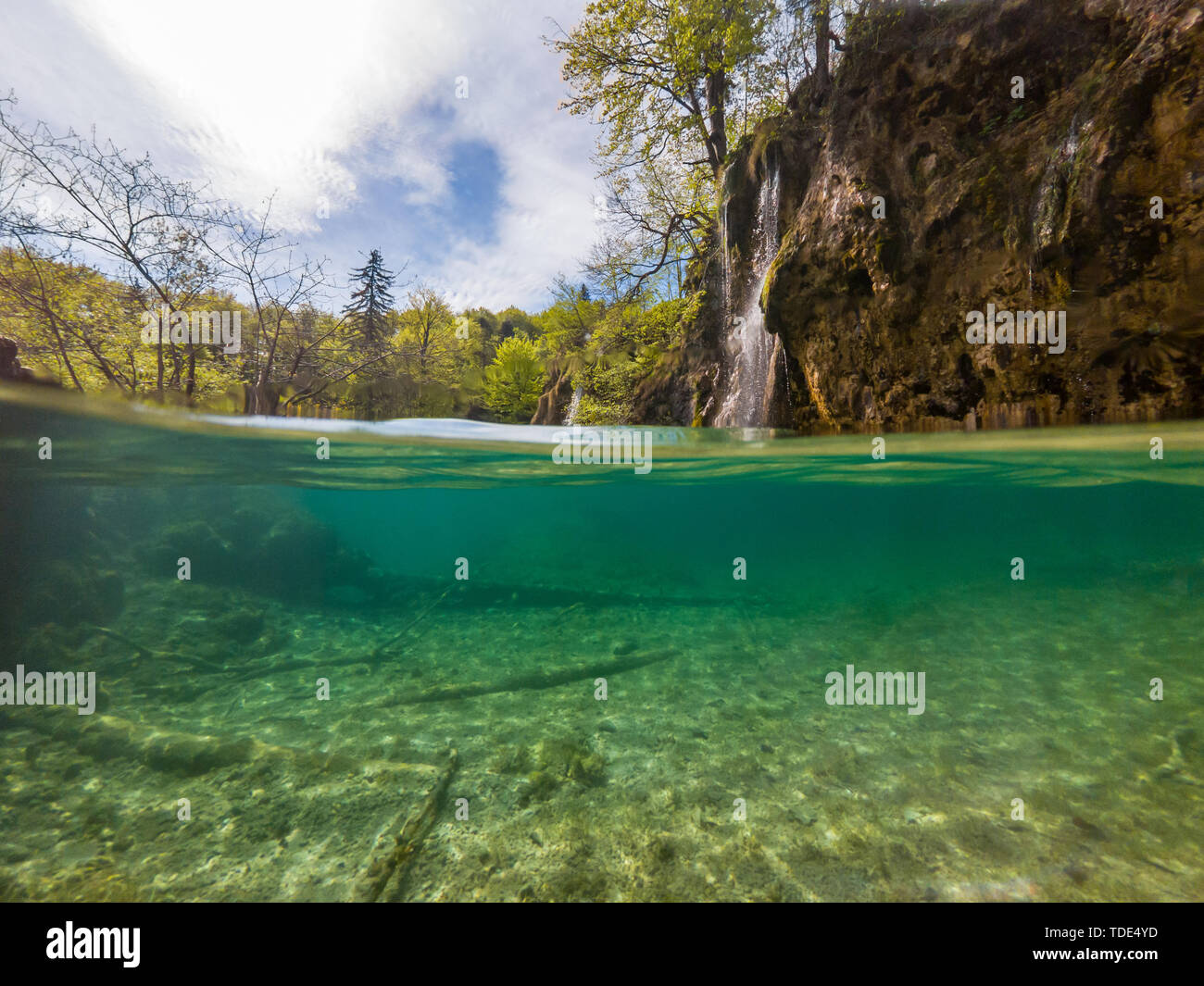 Amazing split view of lake with sunken tree trunk and waterfall in the ...