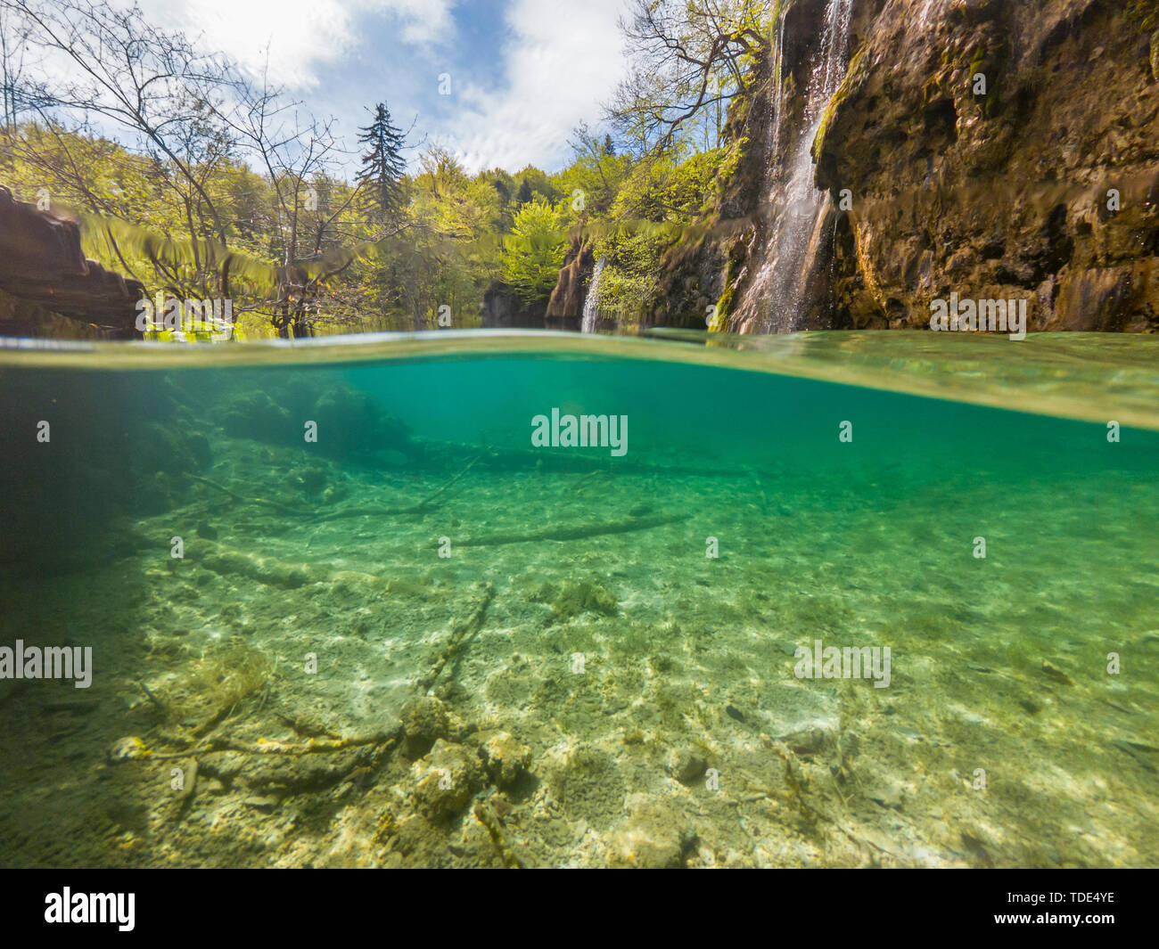 Amazing split view of lake with sunken tree trunk and waterfall in the ...