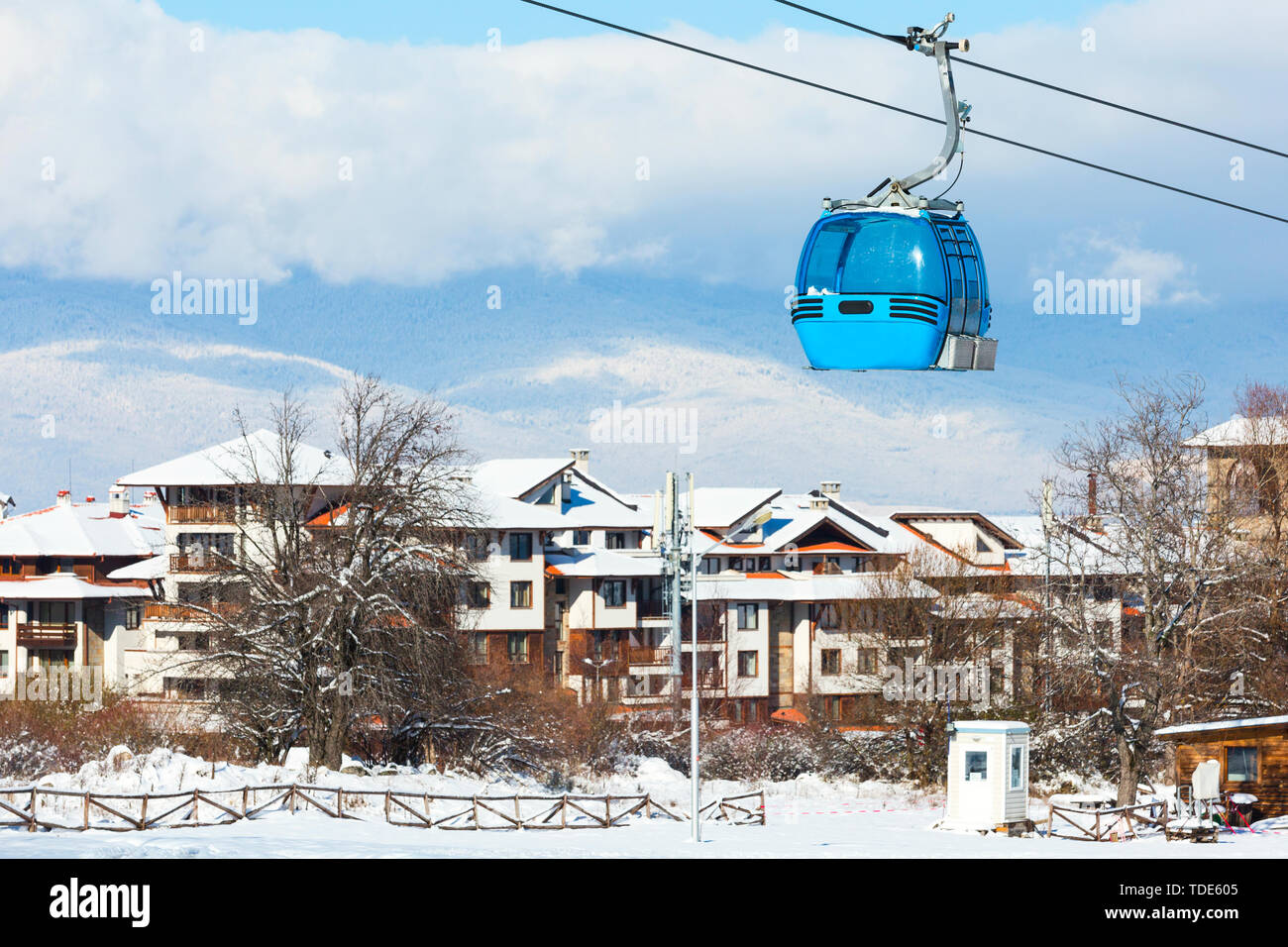 Ski resort Bansko, Bulgaria panorama with cable car ski lift cabin ...