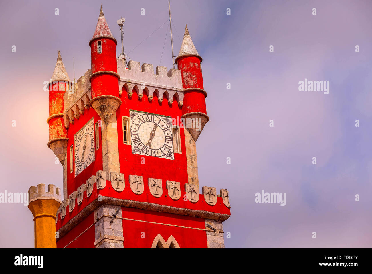 Sintra, Portugal landmark, red and yellow clock tower in Pena Palace ...