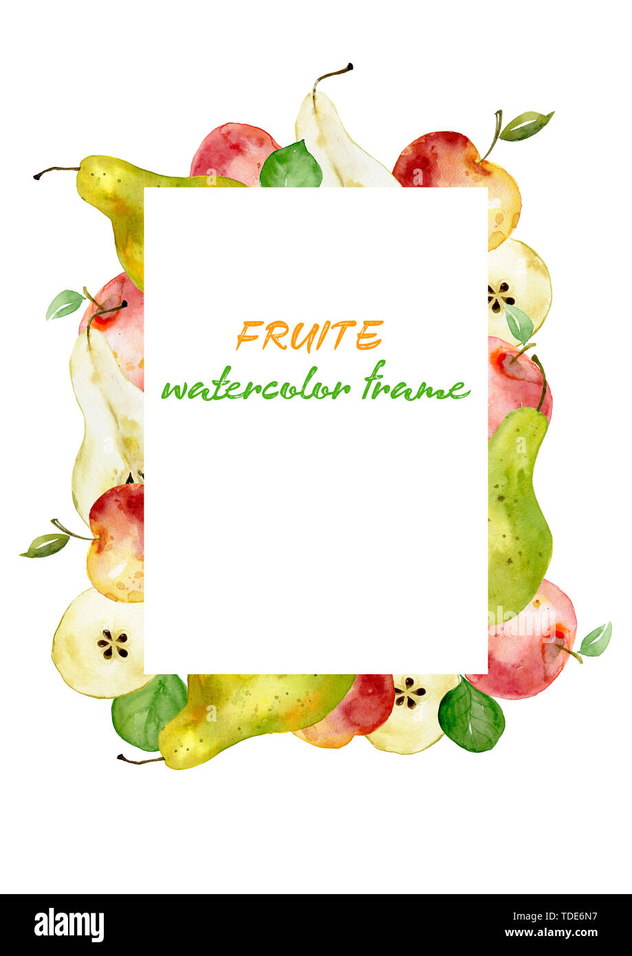 Frame made of watercolor fruits red apples, green pears. Rectangle ...