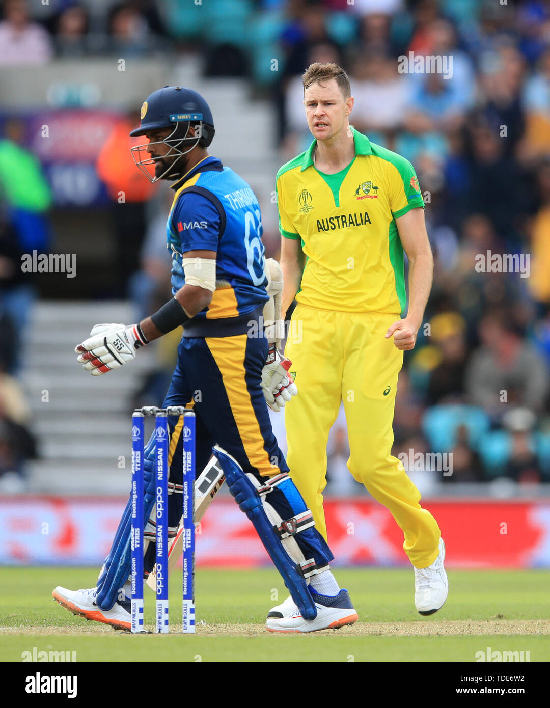 Australia's Jason Behrendorff celebrates taking the wicket of Sri Lanka ...
