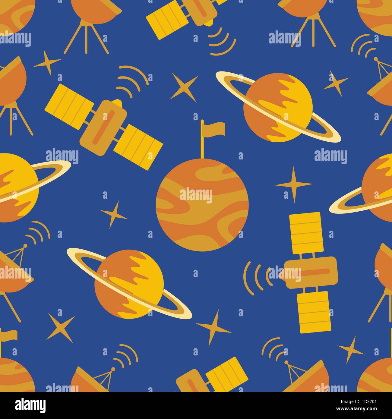 Seamless vector pattern with planets, Saturn, stars, orbital station ...