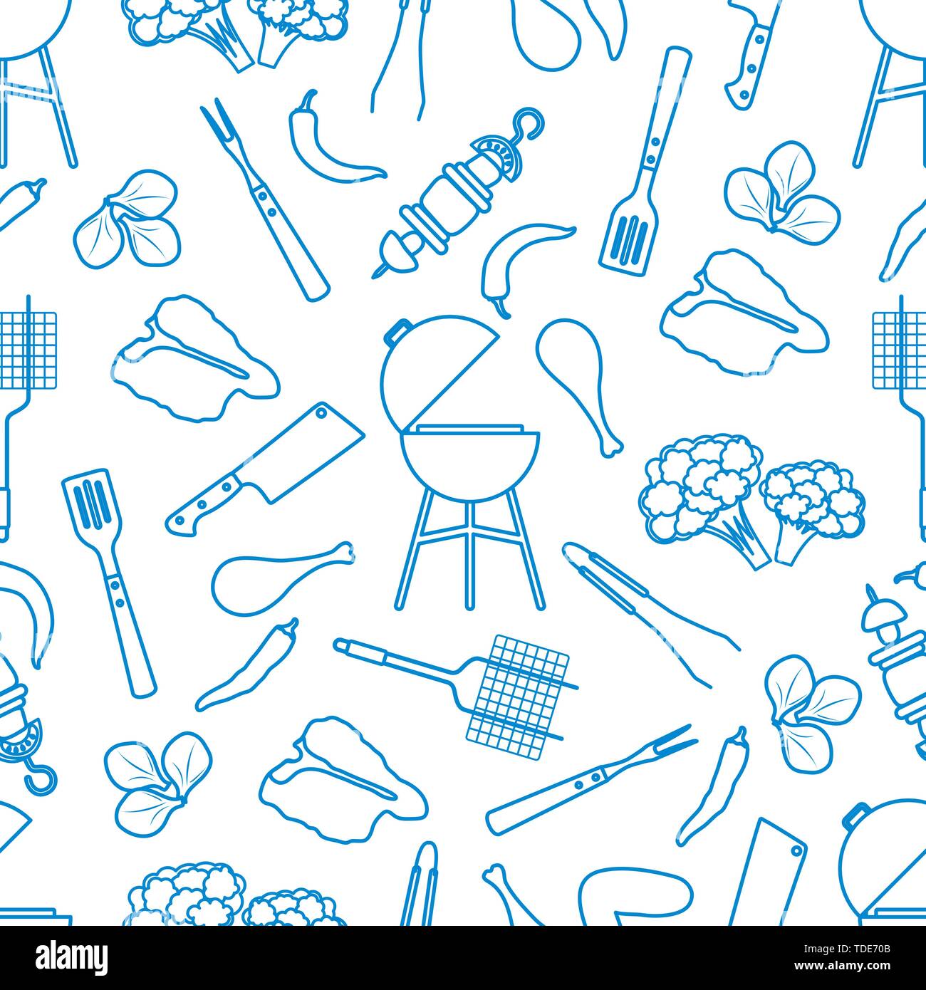 Seamless pattern with grill and barbecue tools, food. BBQ party ...