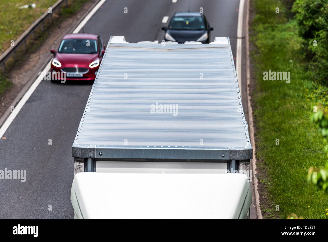 white box lorry truck on uk motorway in fast motion overhead view Stock ...