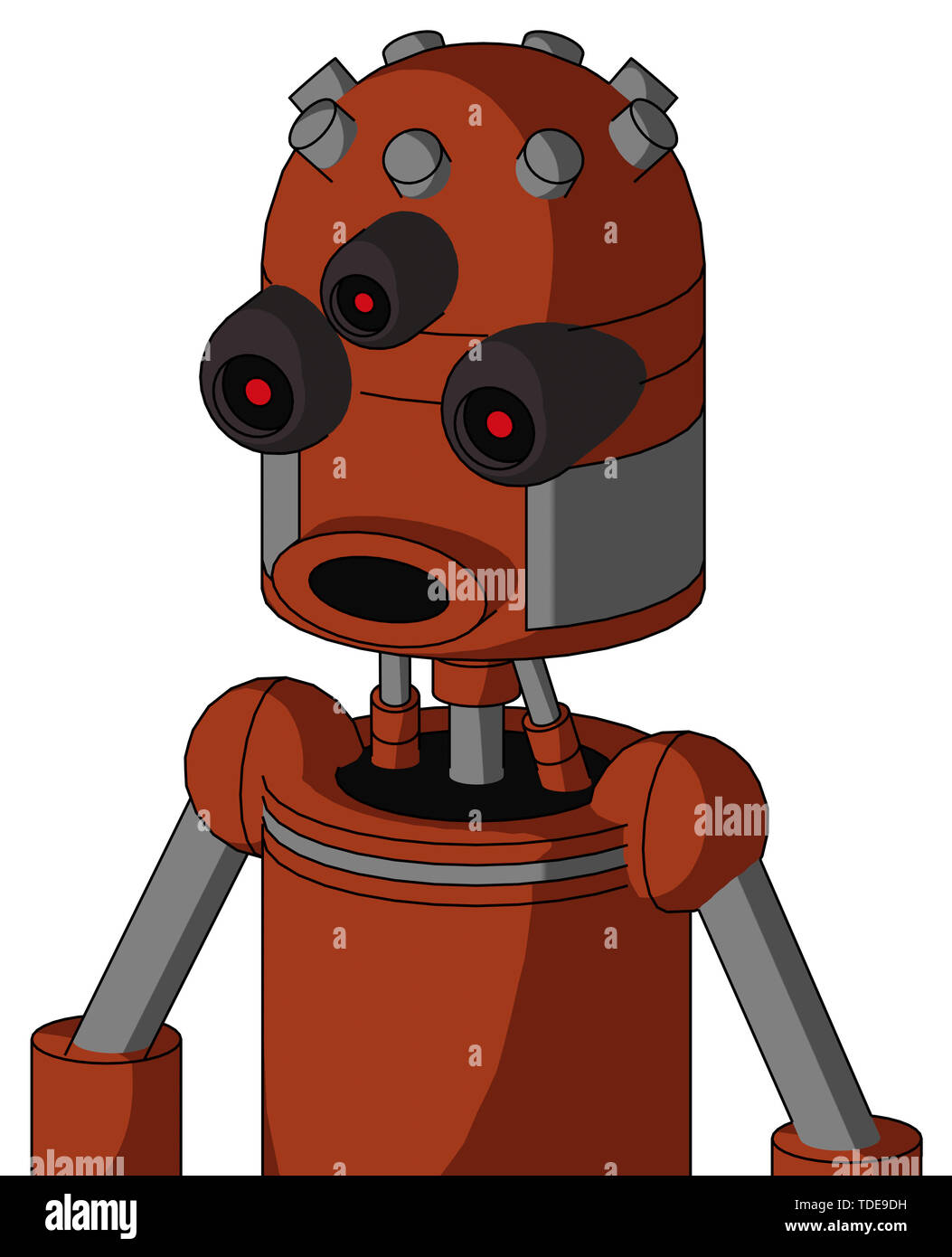 Portrait style orange robot with dome head and round mouth and three ...