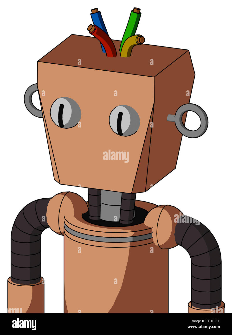 Portrait style peach robot with box head and two eyes and wire hair ...