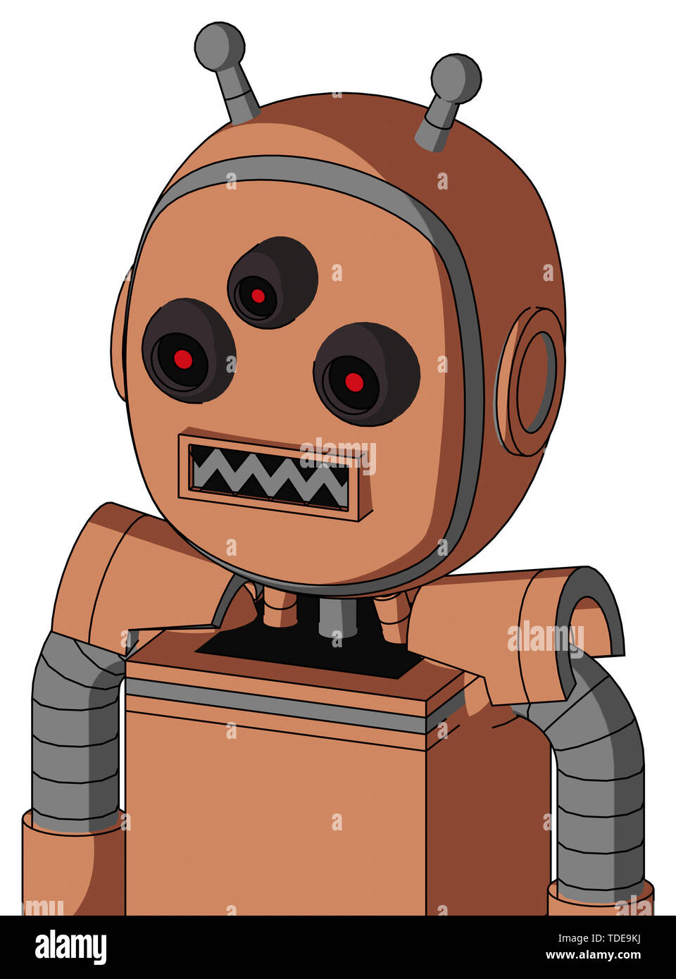 Portrait style peach robot with bubble head and square mouth and three ...