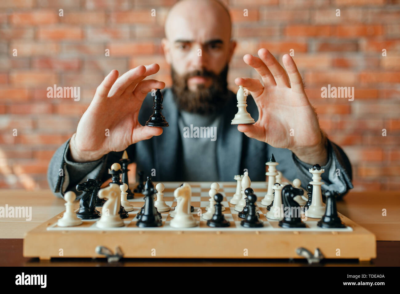 Male chess player holds white and black figures Stock Photo - Alamy