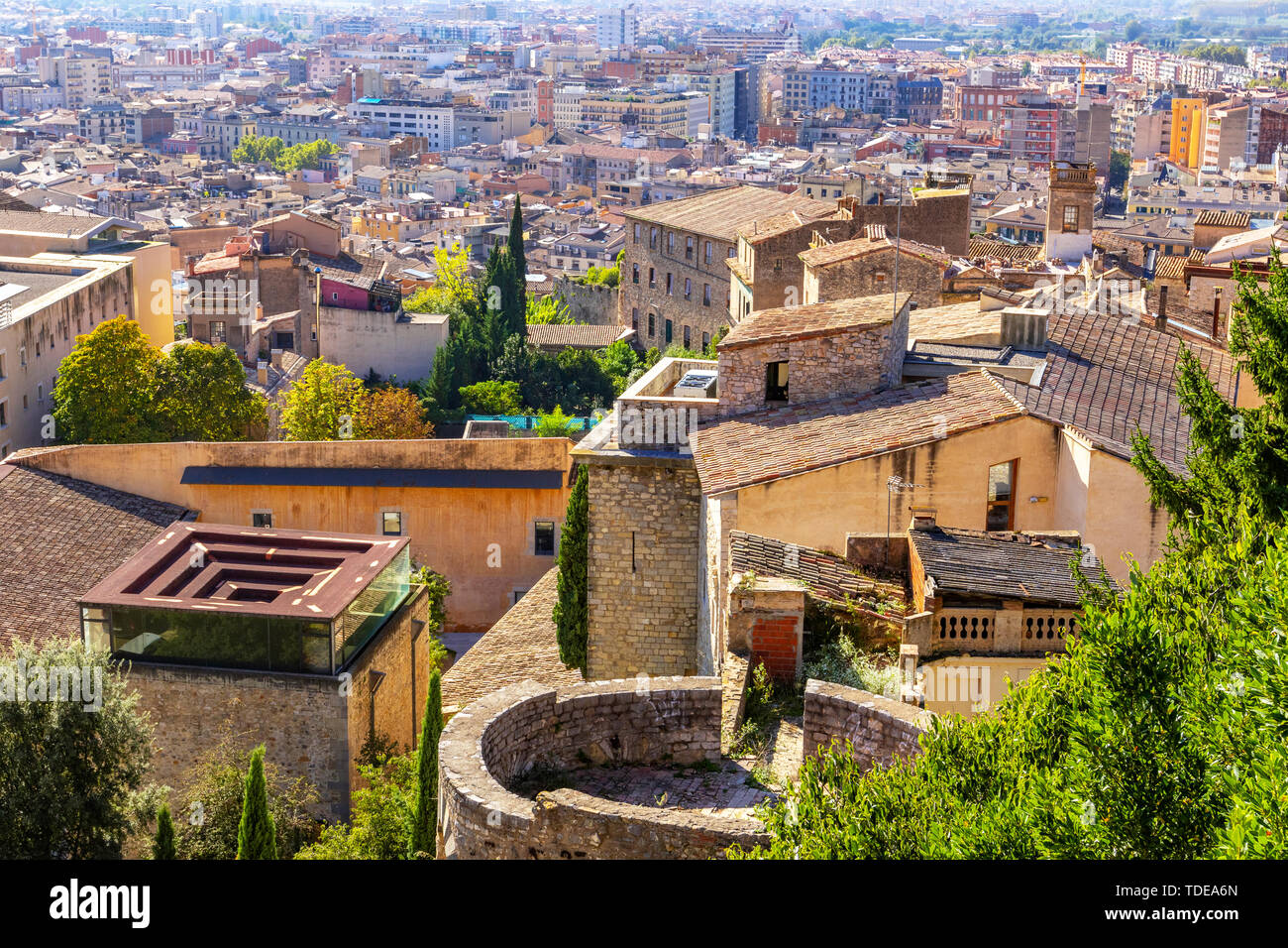 Cityscape, view of Girona, Catalonia, Spain, medieval houses and ...
