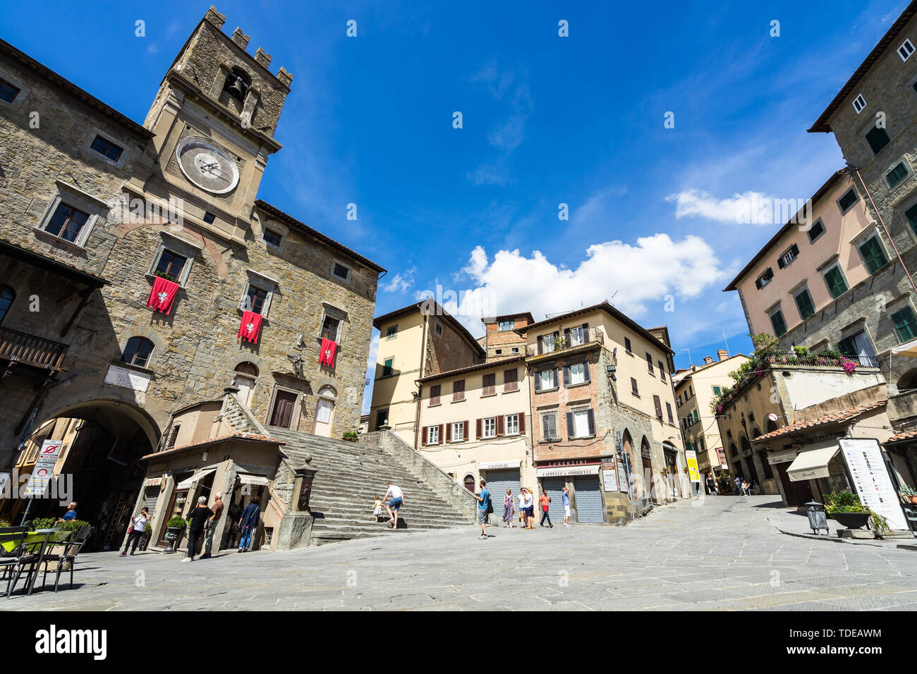 Wide angle view of Piazza della Repubblica, the main square of Cortona ...