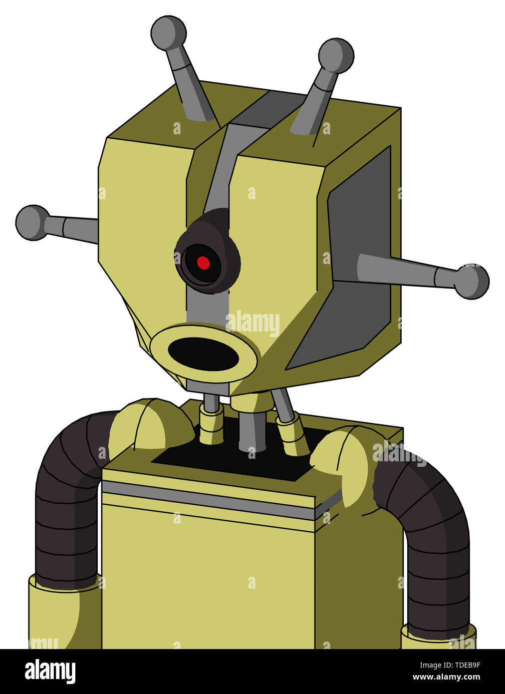 Portrait style yellow robot with mechanical head and round mouth and ...