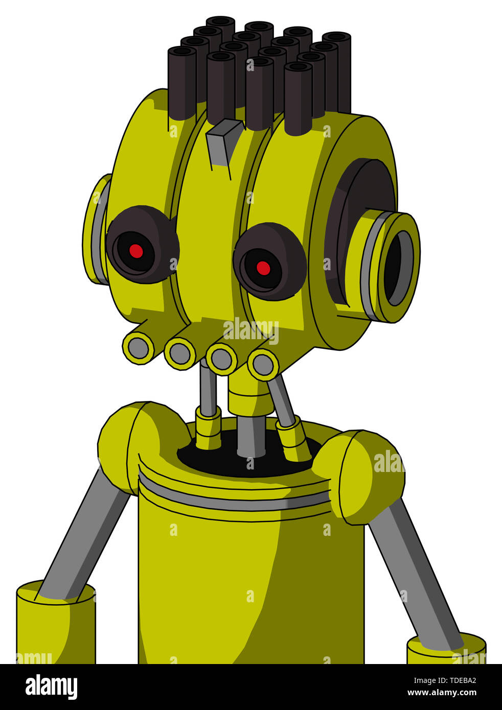 Portrait style yellow robot with multi-toroid head and pipes mouth and ...