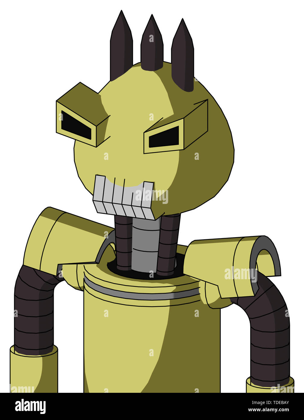 Portrait style yellow robot with rounded head and teeth mouth and angry ...
