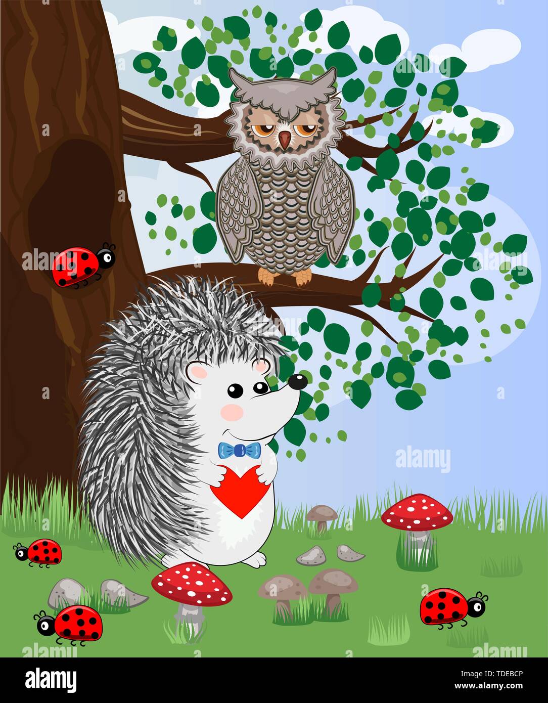 The hedgehog in the forest glade. The concept of art, love. Owl on a ...