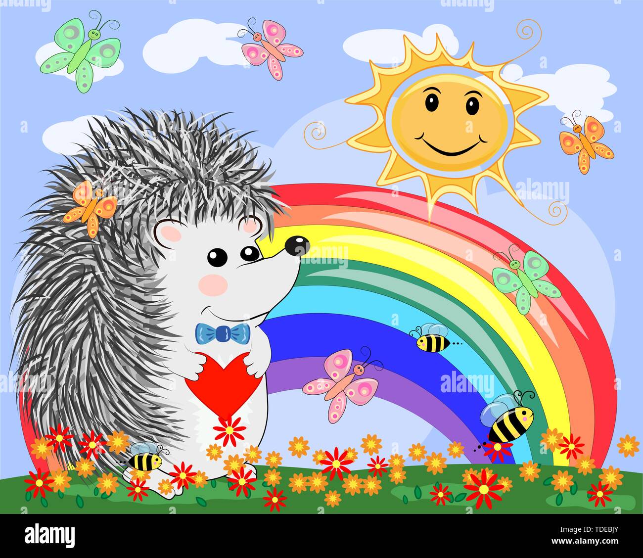 Lovely cartoon hedgehog near the seven-colored rainbow in a clear ...