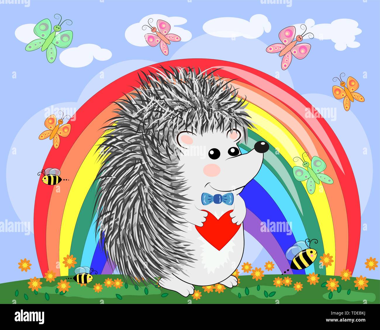 Lovely cartoon hedgehog near the seven-colored rainbow in a clear ...