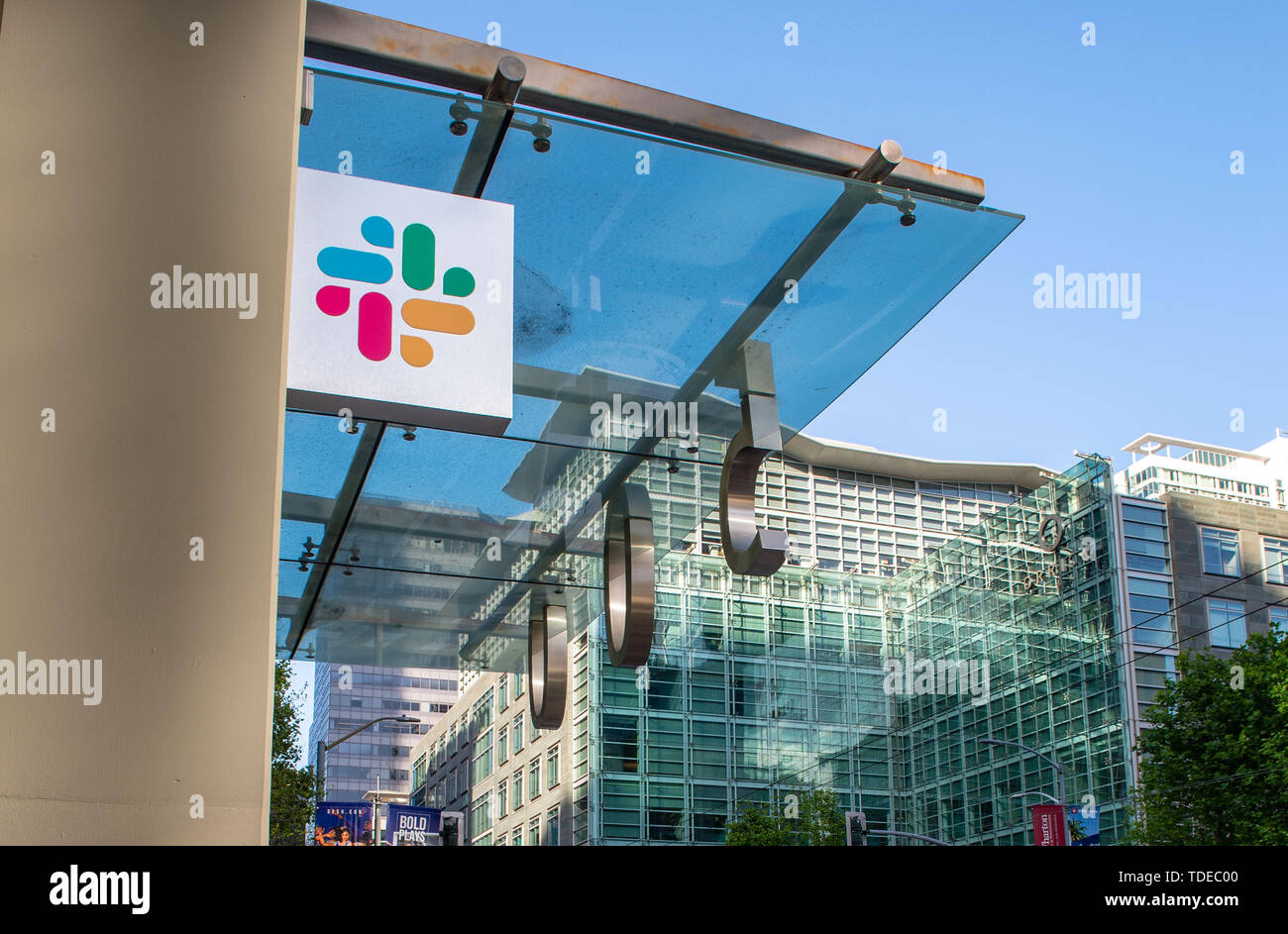 San Francisco, USA. 04th May, 2019. The Slack company logo can be seen ...