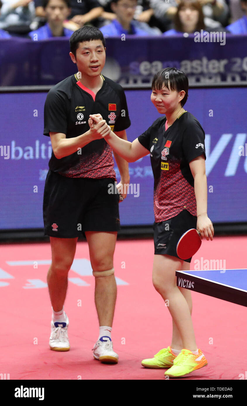 Sapporo, Japan. 15th June, 2019. Xu Xin (L) and Zhu Yuling of China ...